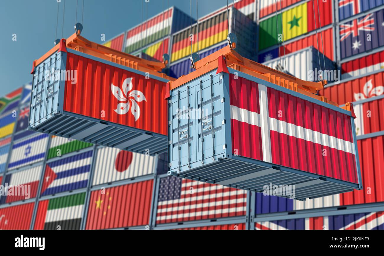 Cargo containers with Hong Kong and Denmark national flags. 3D ...