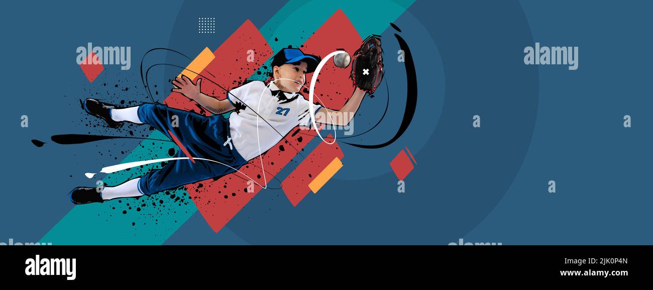 Contemporary art collage with little boy, junior baseball player in ...