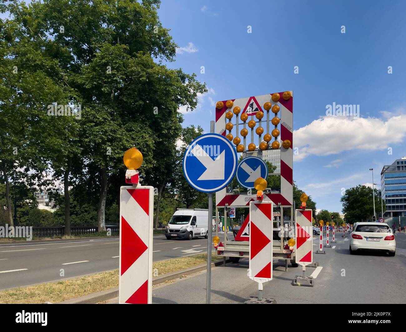 Signs announcing work in progress on the road in Bruxelles Stock Photo ...
