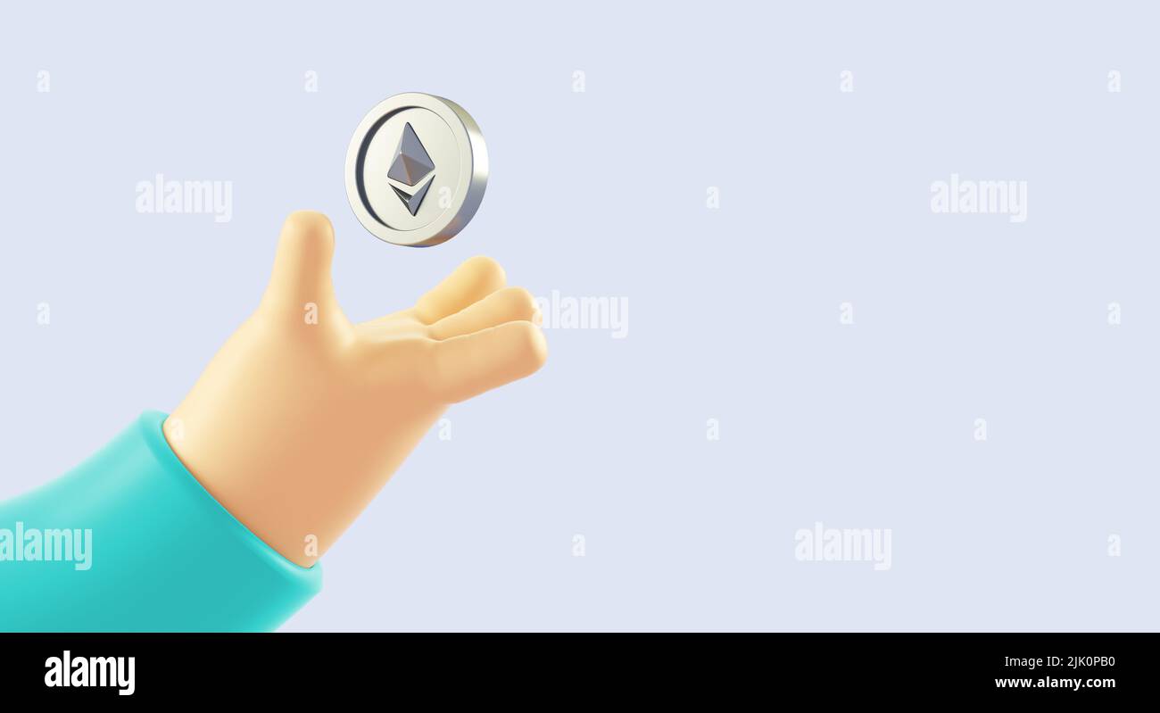 Isolated cartoon hand with ethereum coin and copy space for a banner ...