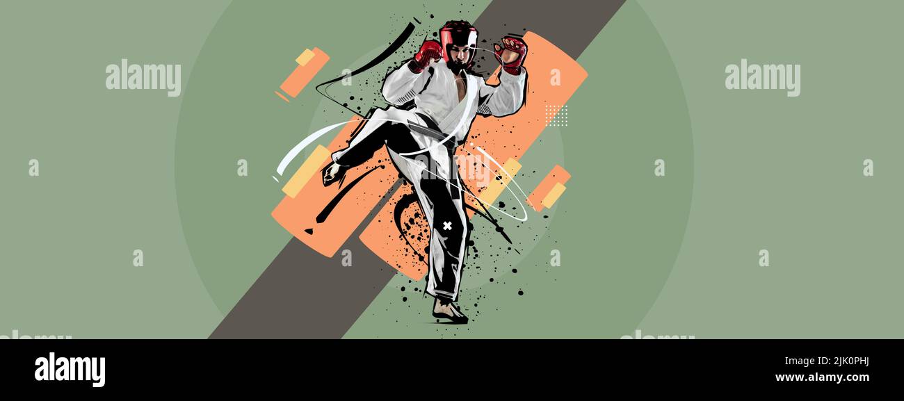 Jumping kick. Art collage with male taekwondo practitioner training ...