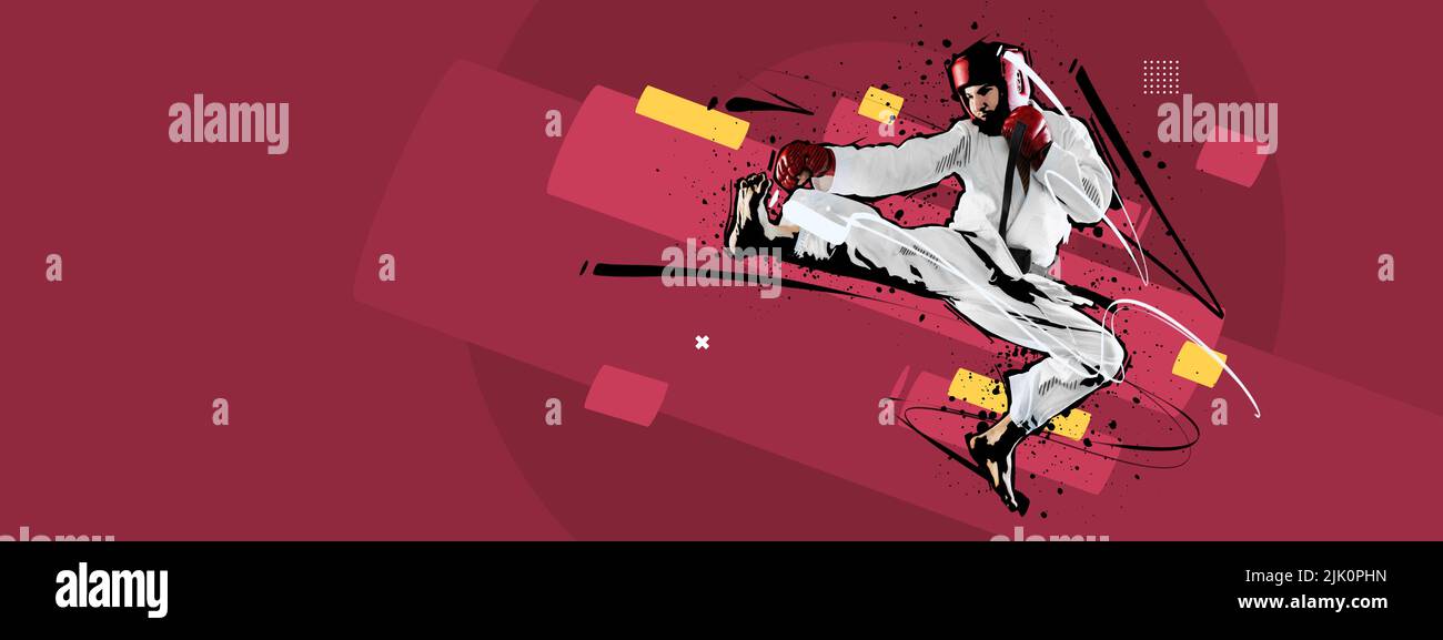 Jumping kick. Art collage with male taekwondo practitioner training ...