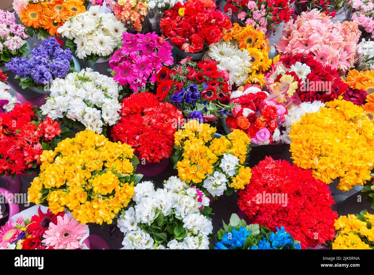 Close shot of colorful flowers displayed on street in vases Stock Photo ...