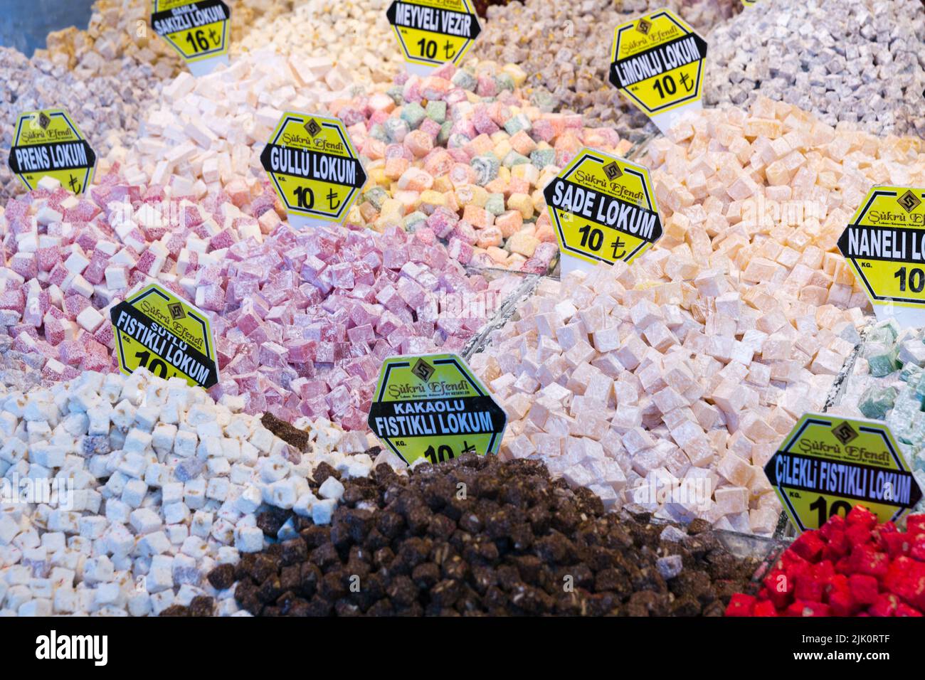 Turkish delights with variety signs standing on the counter, Spice ...