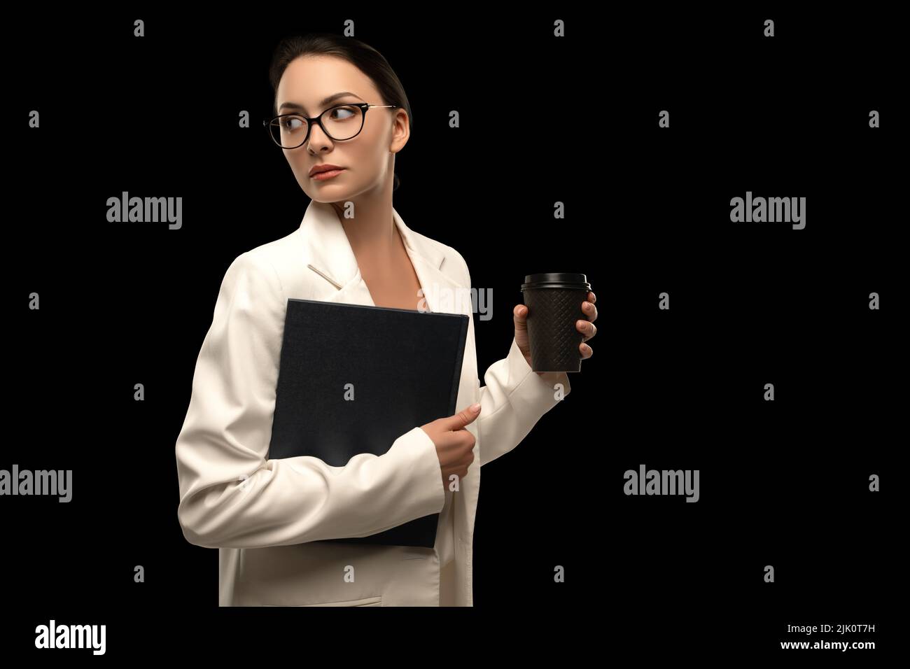 Lady boss. Successful Caucasian woman in glasses and white suit as a ...
