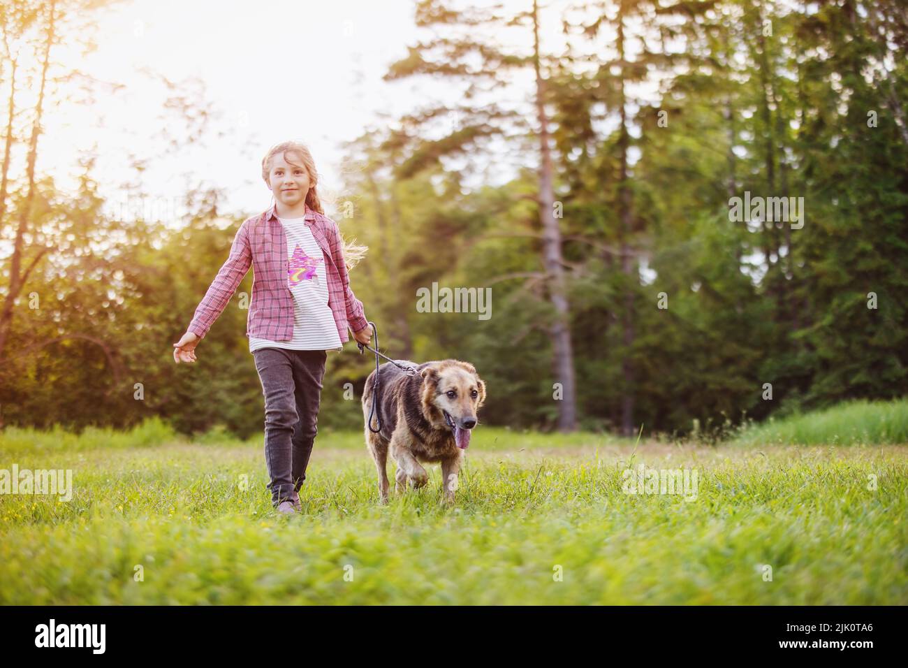 Child walking with a dog in nature Stock Photo - Alamy