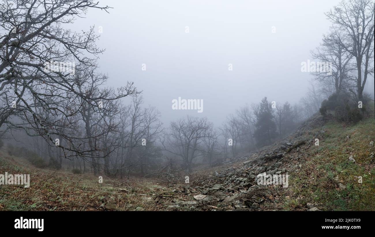 Panoramic mountain landscape on a day with intense fog and low ...