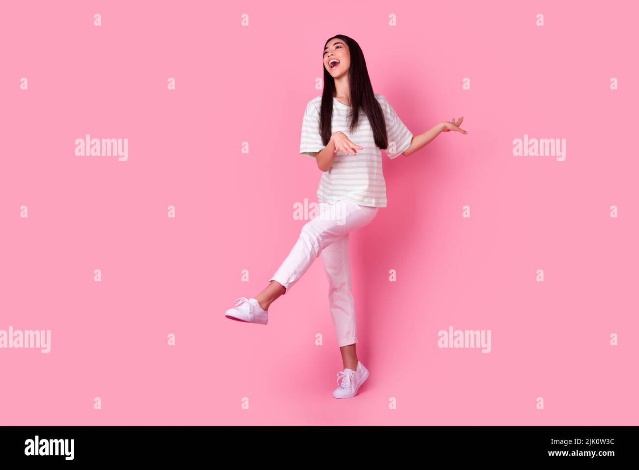 Full size portrait of overjoyed lovely cute girl enjoy dancing clubbing ...