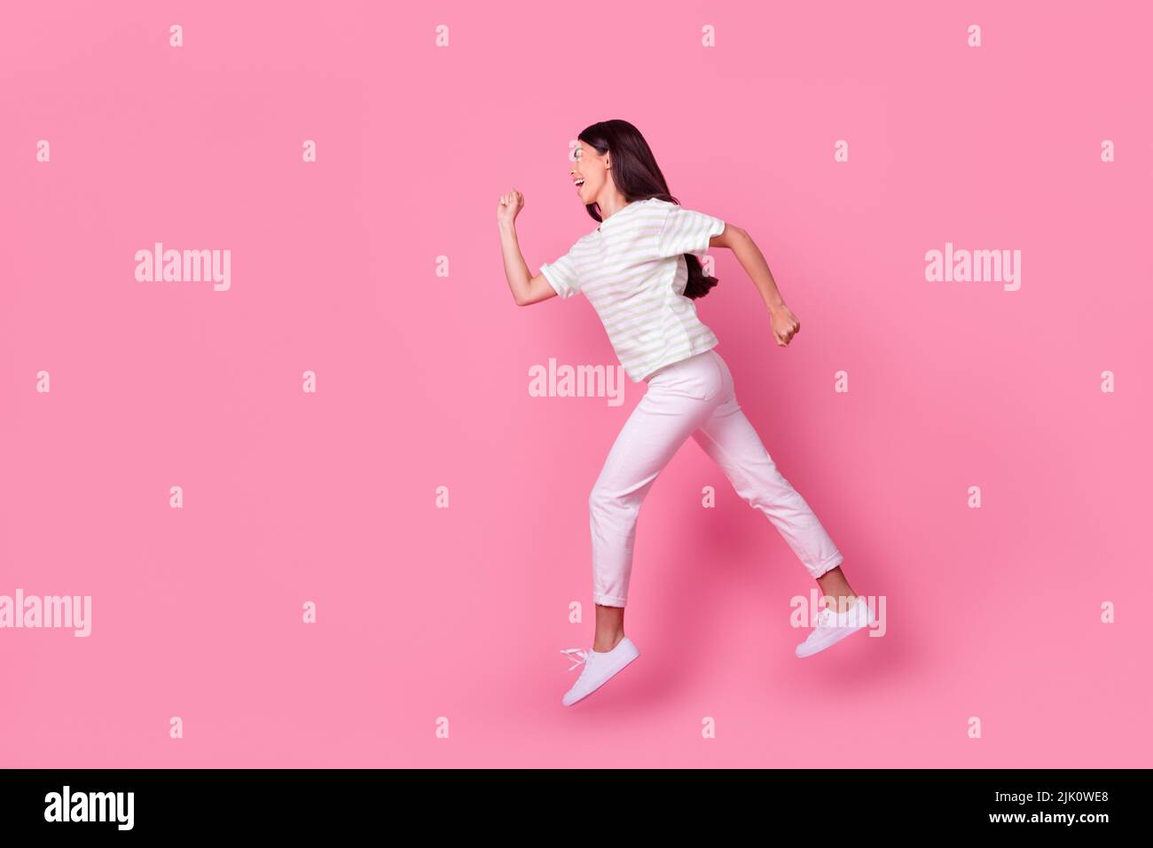 Full body profile photo of sportive excited lady jump rush empty space ...