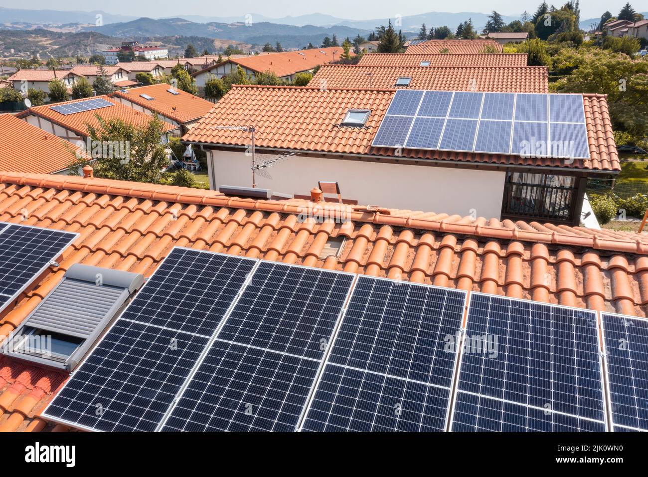 Solar panels on a roof. Drone view. Navarre, Spain, Europe. Environment ...