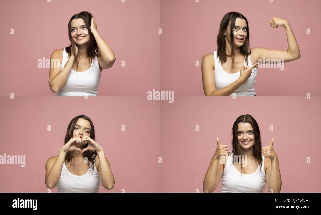 Set of young girl posing with many different facial expressions on pink ...
