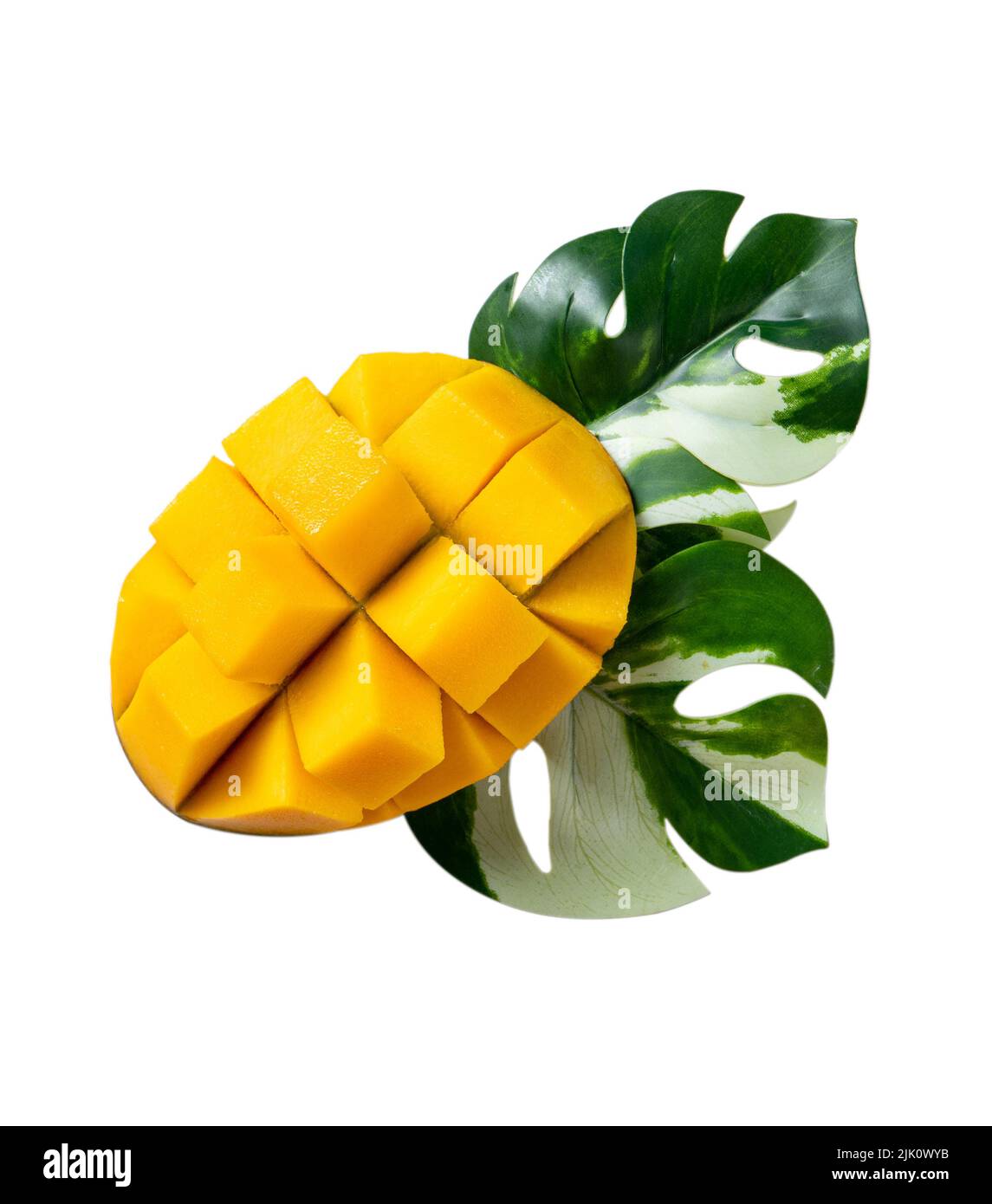 Close up of beautiful delicious ripe mango isolated on white table ...