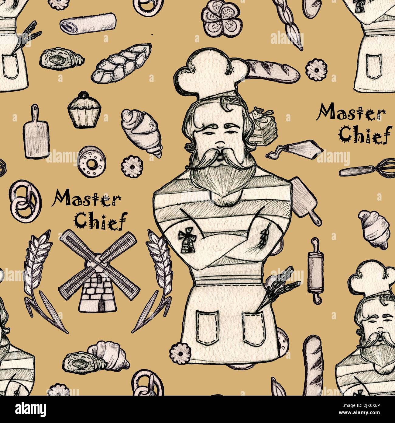 Vintage Bakery hand drawn doodle pattern with cook figurine bakery shop ...