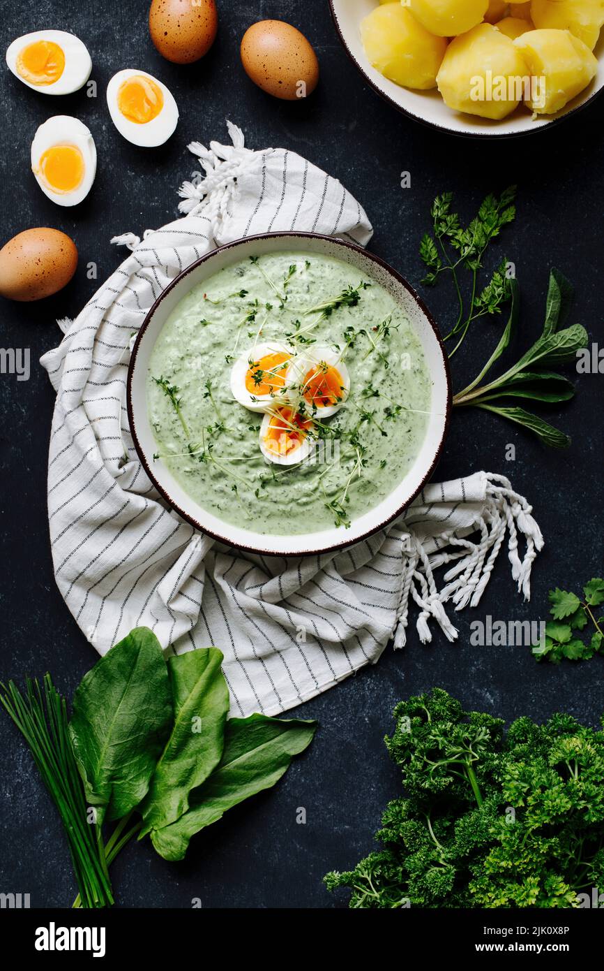 Hessian green sauce with boiled eggs and potatoes Stock Photo - Alamy
