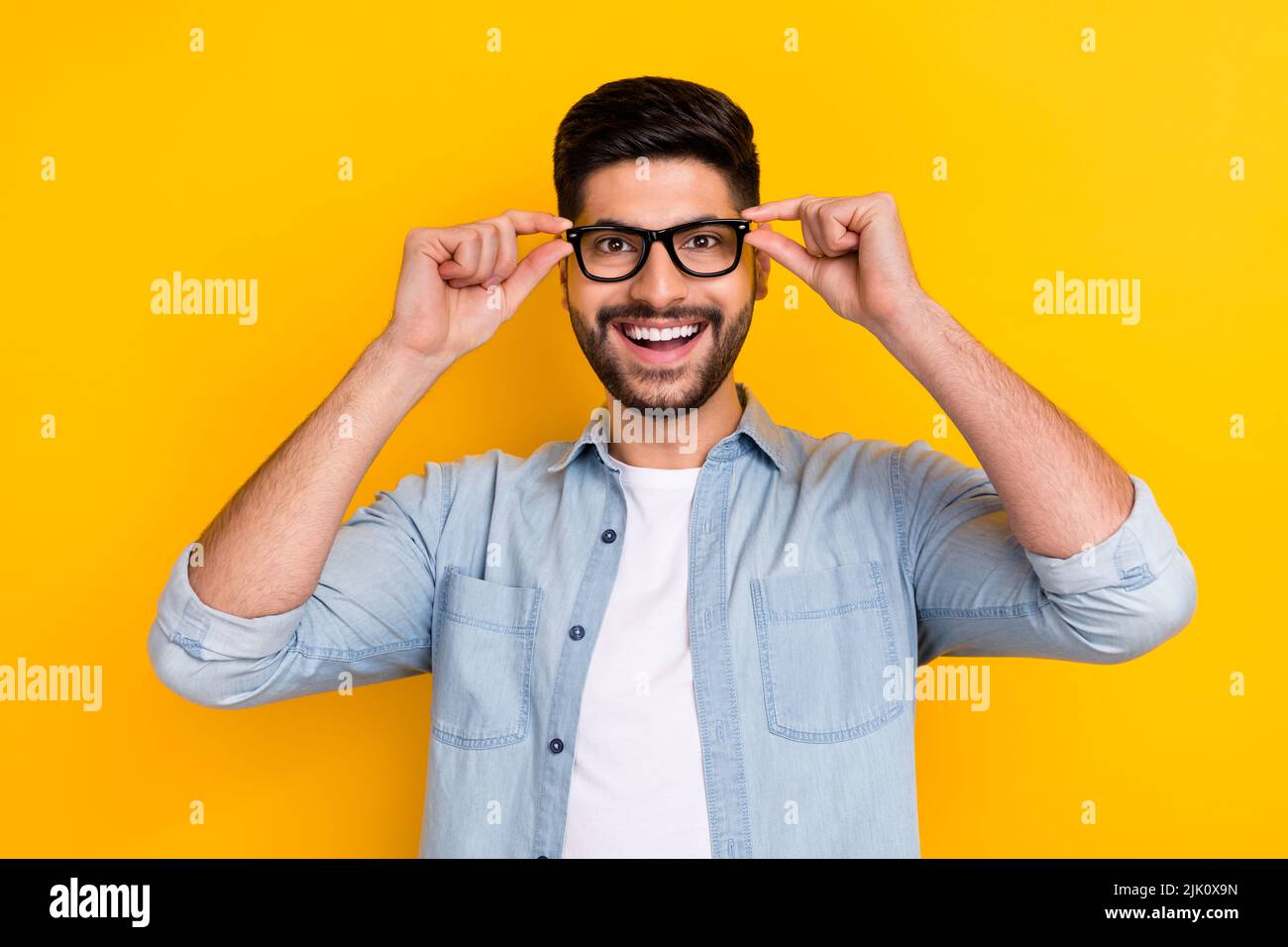Closeup photo of young guy wearing new stylish eye glasses from amazon ...