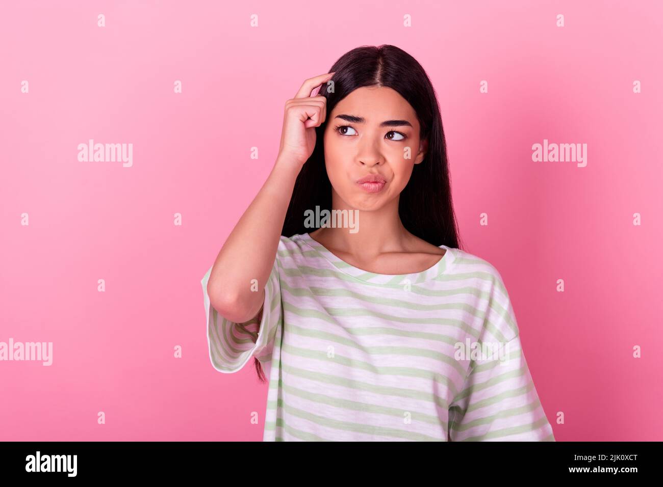 Photo of minded clueless lady hand finger scratching head look empty ...