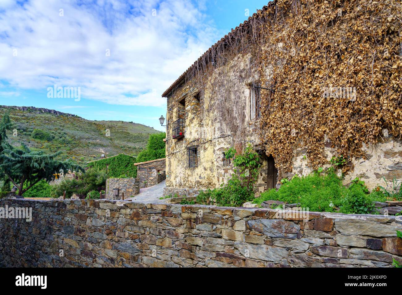 Old facade of ancient house covered with ivy and blue sky with clouds ...