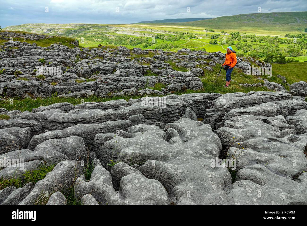 Solitary female walker in orange on the Limestone pavement ...
