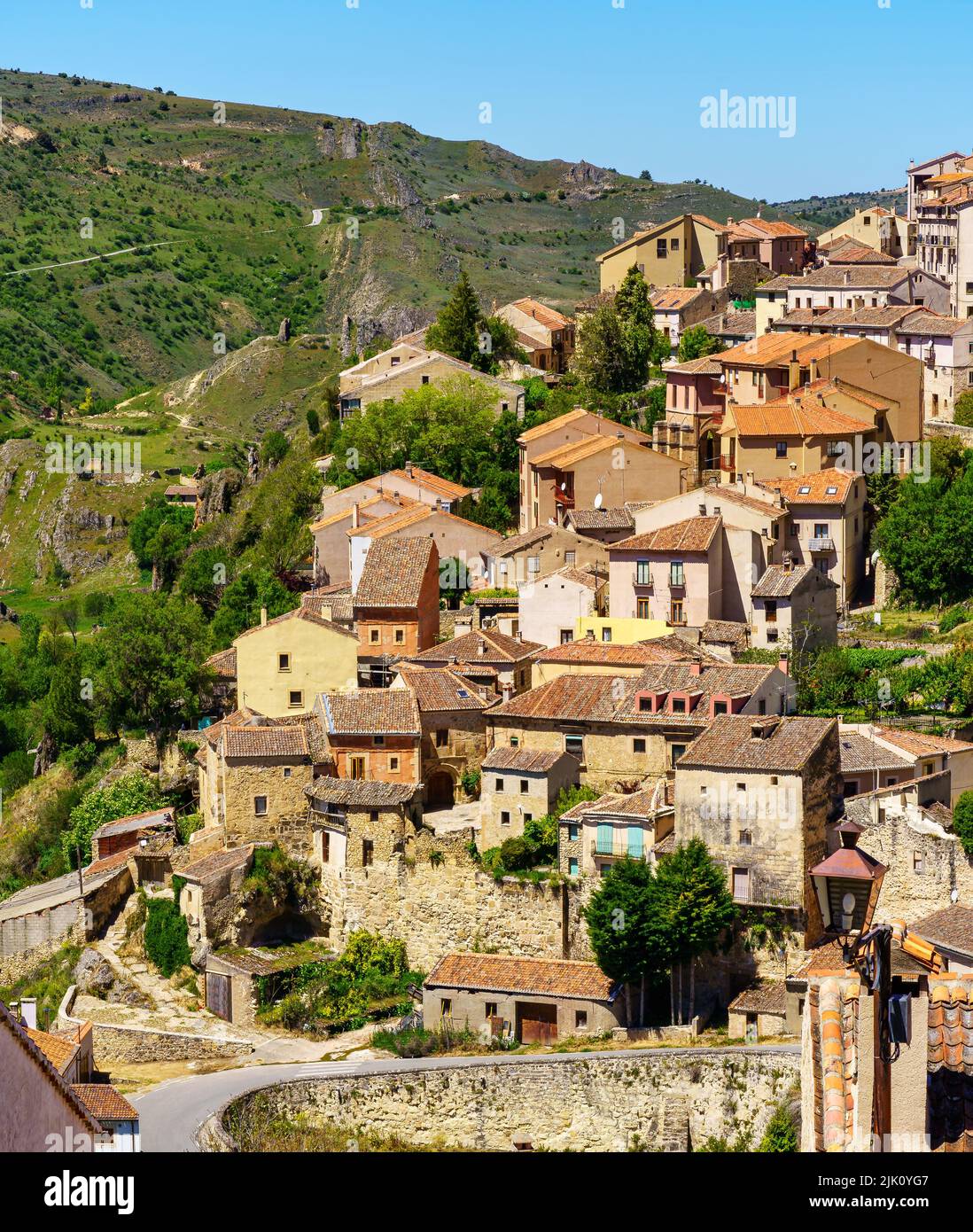 Aerial view of medieval town with its old houses on the mountainside ...