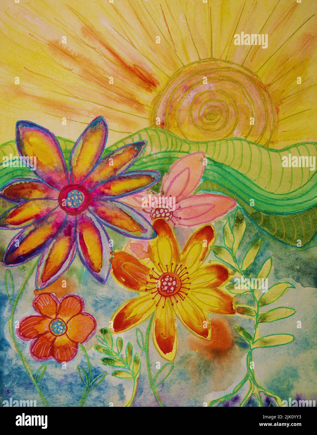 Doodled sun with flowers. The dabbing technique near the edges gives a ...