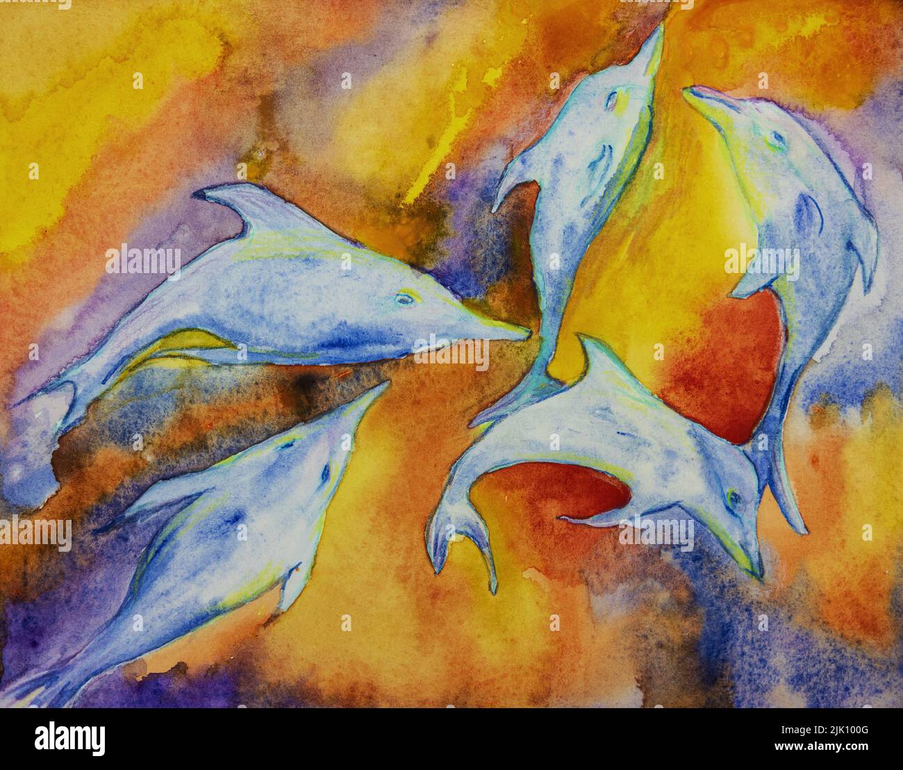 Dolphins in a red see. The dabbing technique near the edges gives a ...