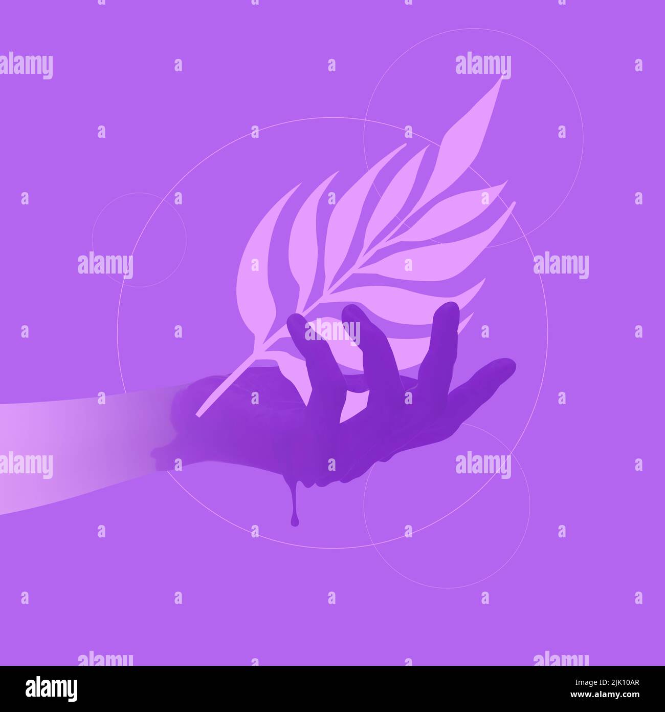 Contemporary art collage. Painted hand holding leaf. Modern design work ...