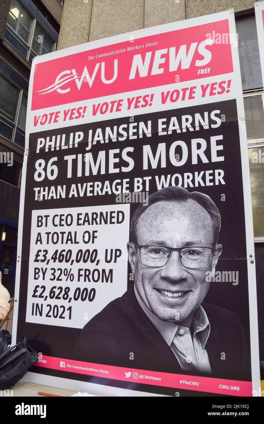 London, UK. 29th July, 2022. A poster critical of BT CEO Philip Jansen ...