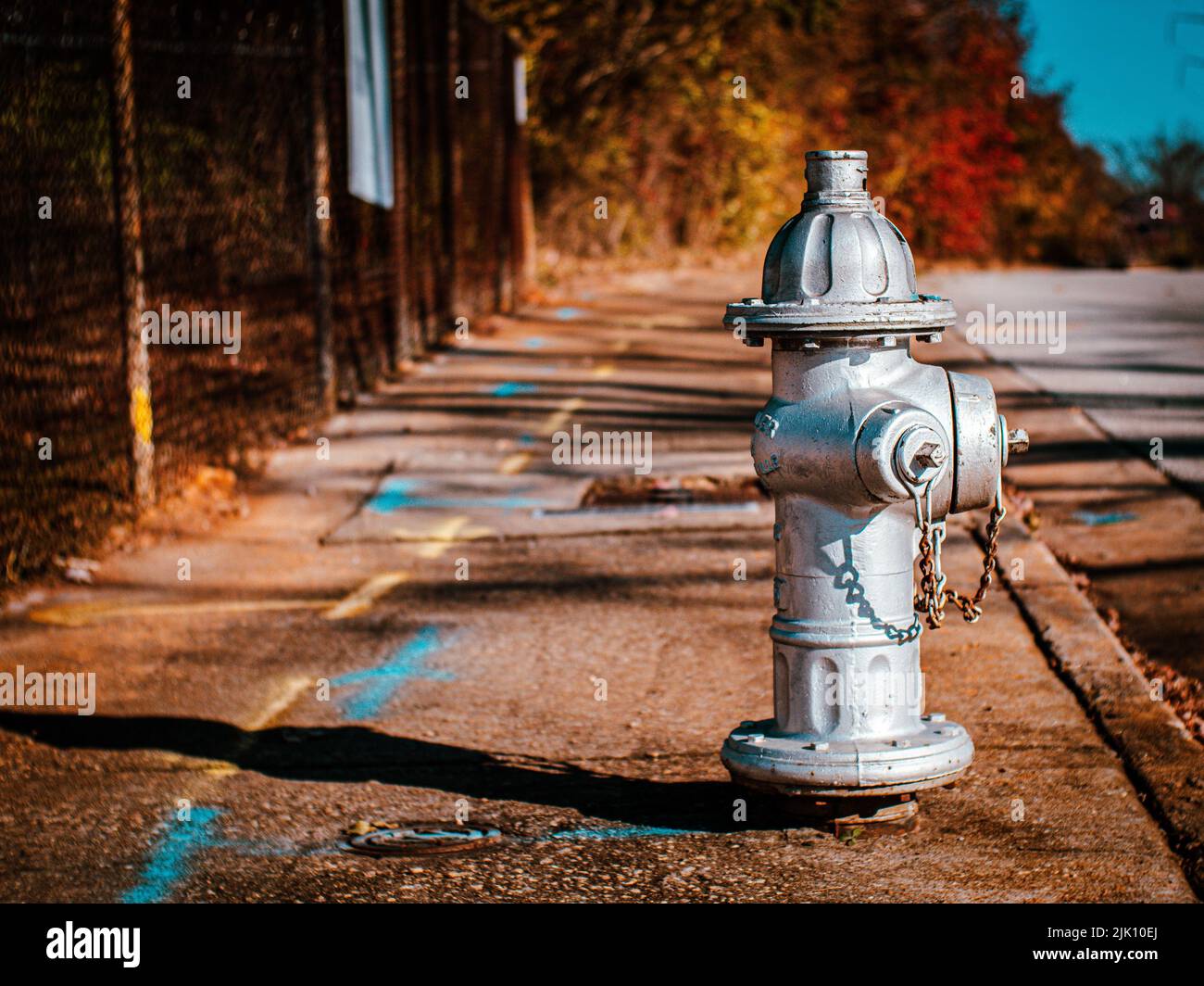 A shallow focus shot of silver fire hydrant on the sidewalk with blur ...