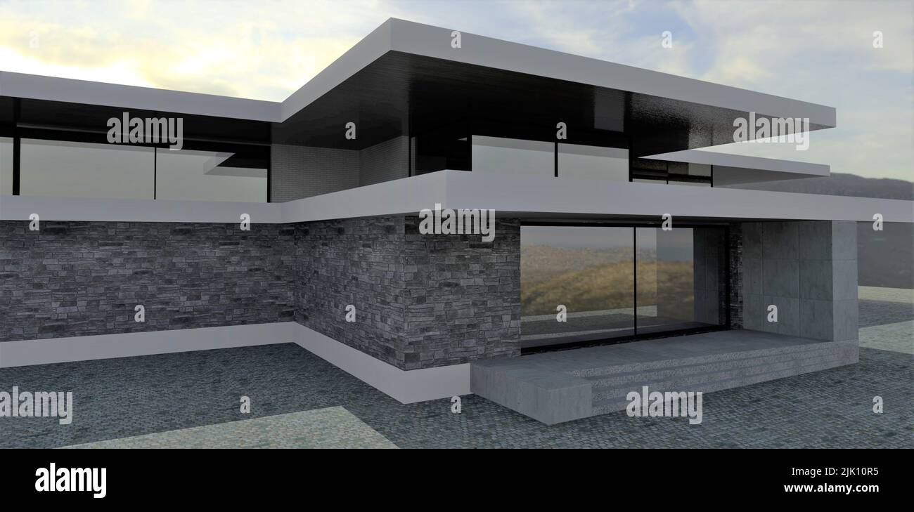 Luxurious high-tech building. Large terrace and flat roof. Slate gray ...
