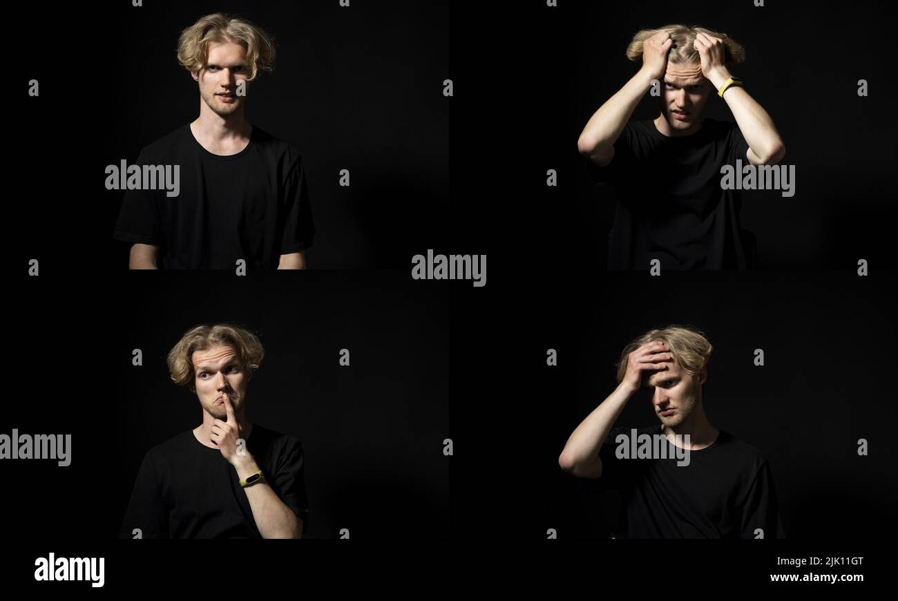 Collage with four different emotions in one young man in black t-shirt ...