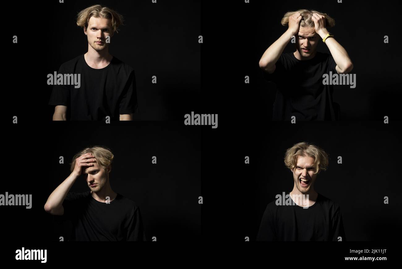 Set of young man posing with many different facial expressions on black ... Set of young man posing with many different facial expressions on black ...