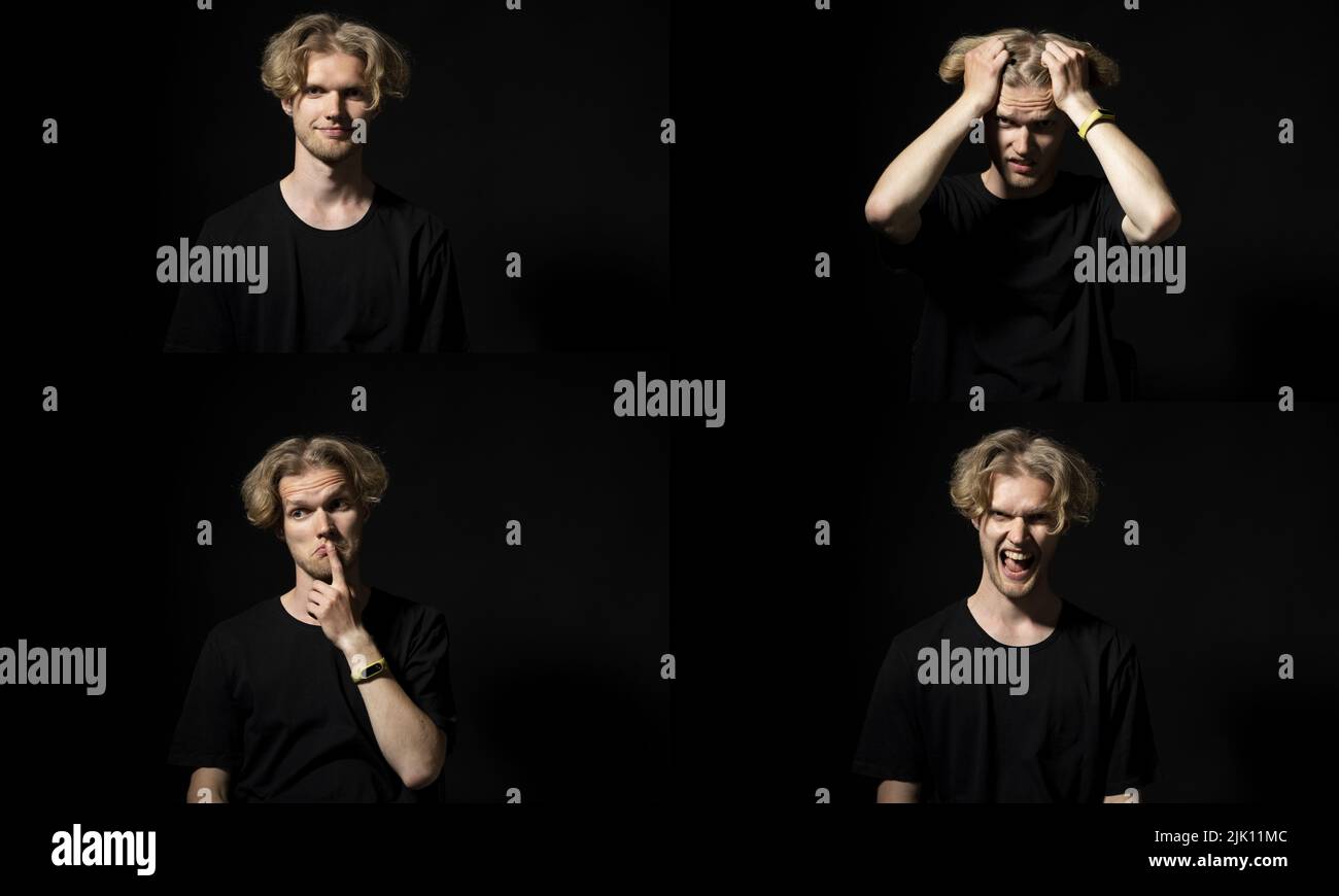 Set of different emotions. Collage with four different emotions in one ...