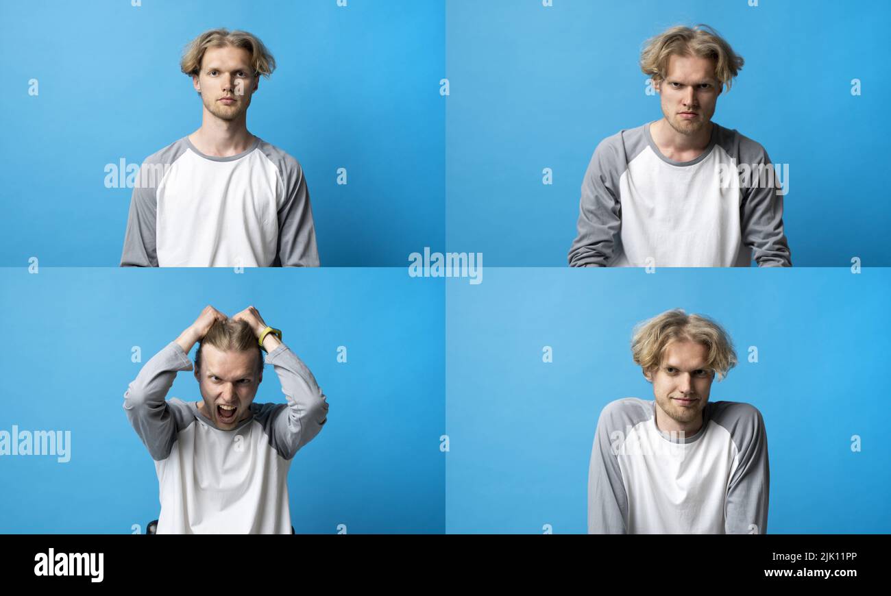 Set of young man posing with many different facial expressions on blue ...
