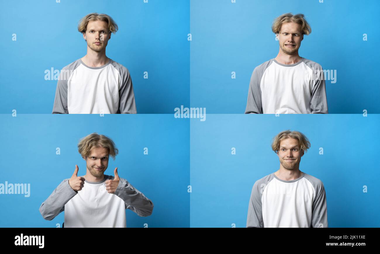 Set of young man's portraits with different happy and sad emotions ...