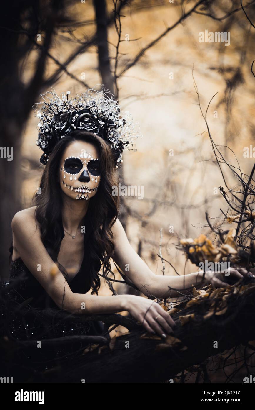 Closeup portrait of Calavera Catrina in black dress. Sugar skull makeup ... Closeup portrait of Calavera Catrina in black dress. Sugar skull makeup ...