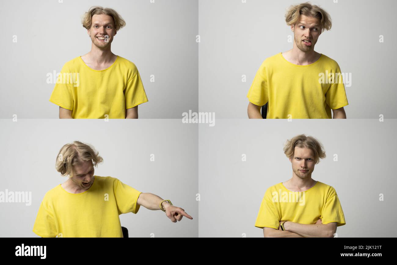 Set of young man posing with many different facial expressions on white ...