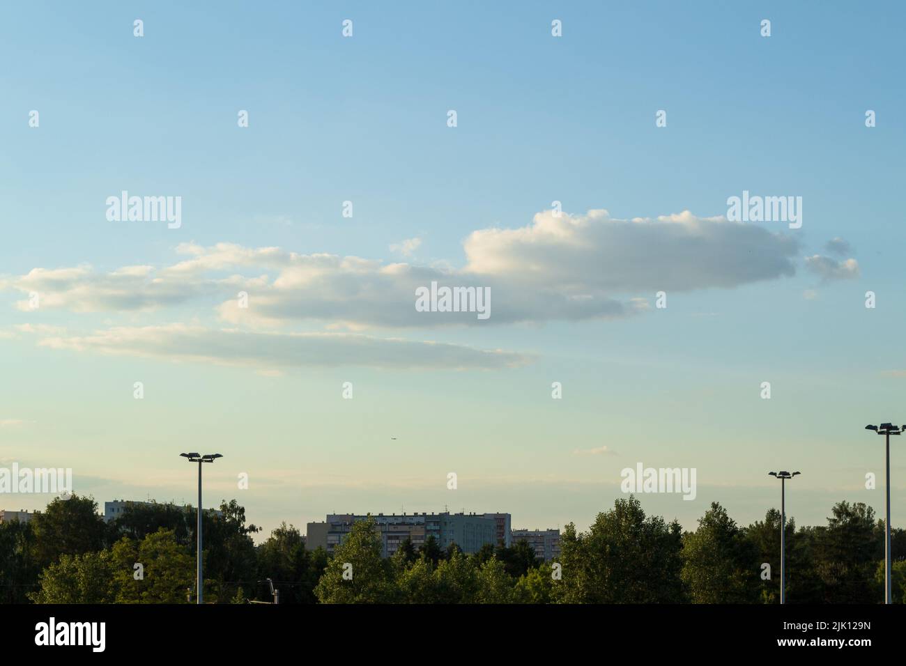 Beautiful white clouds in the blue sky. Sky with clouds and tree edges ...