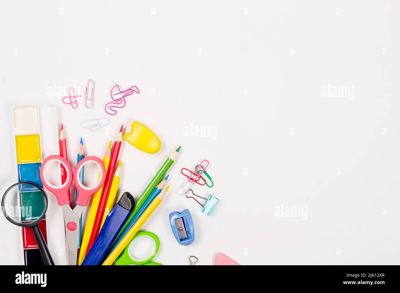 School stationery on white background. Supplies for studying at school ...