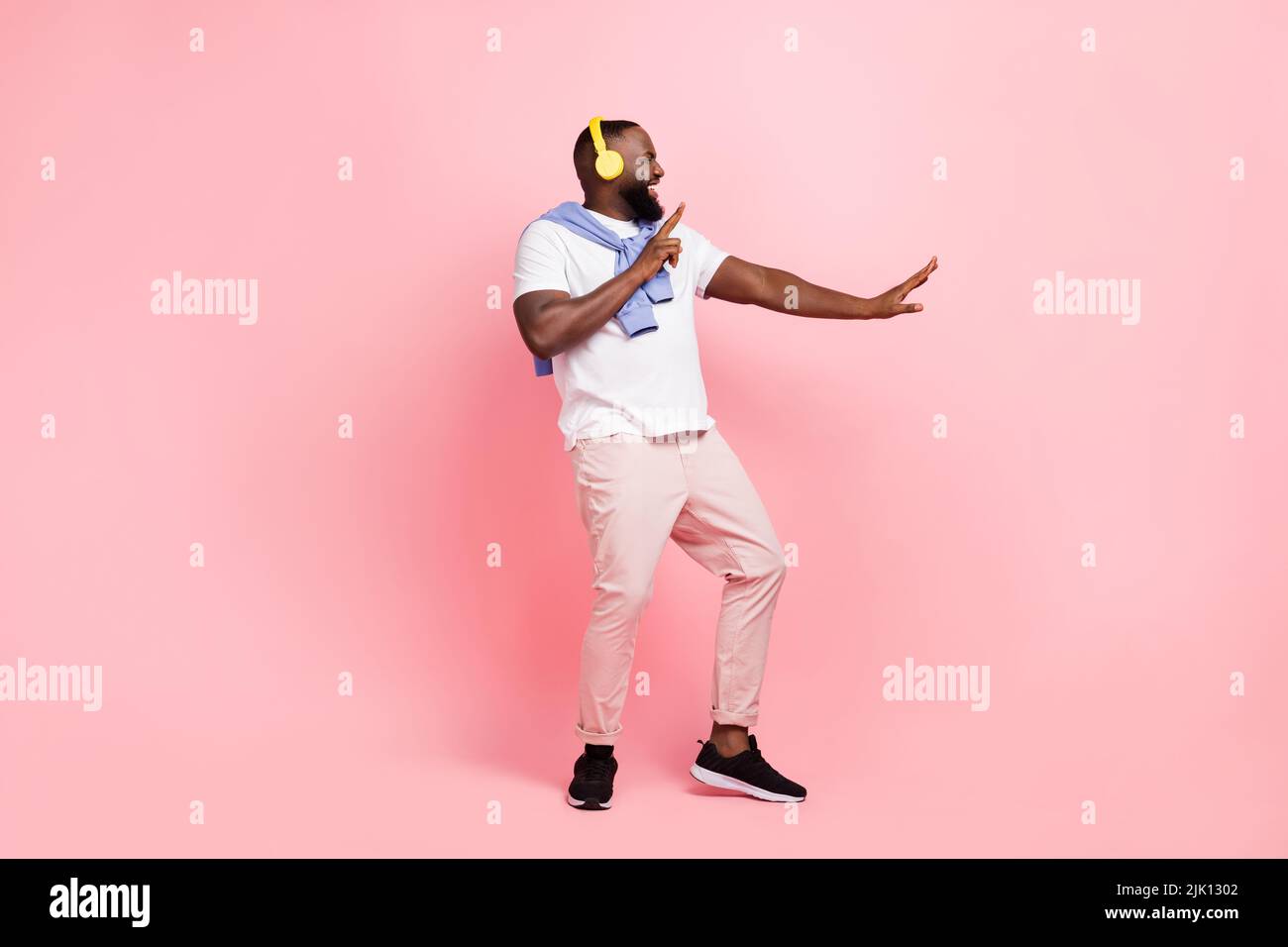 Full body profile side photo of young energetic handsome male dancing ...