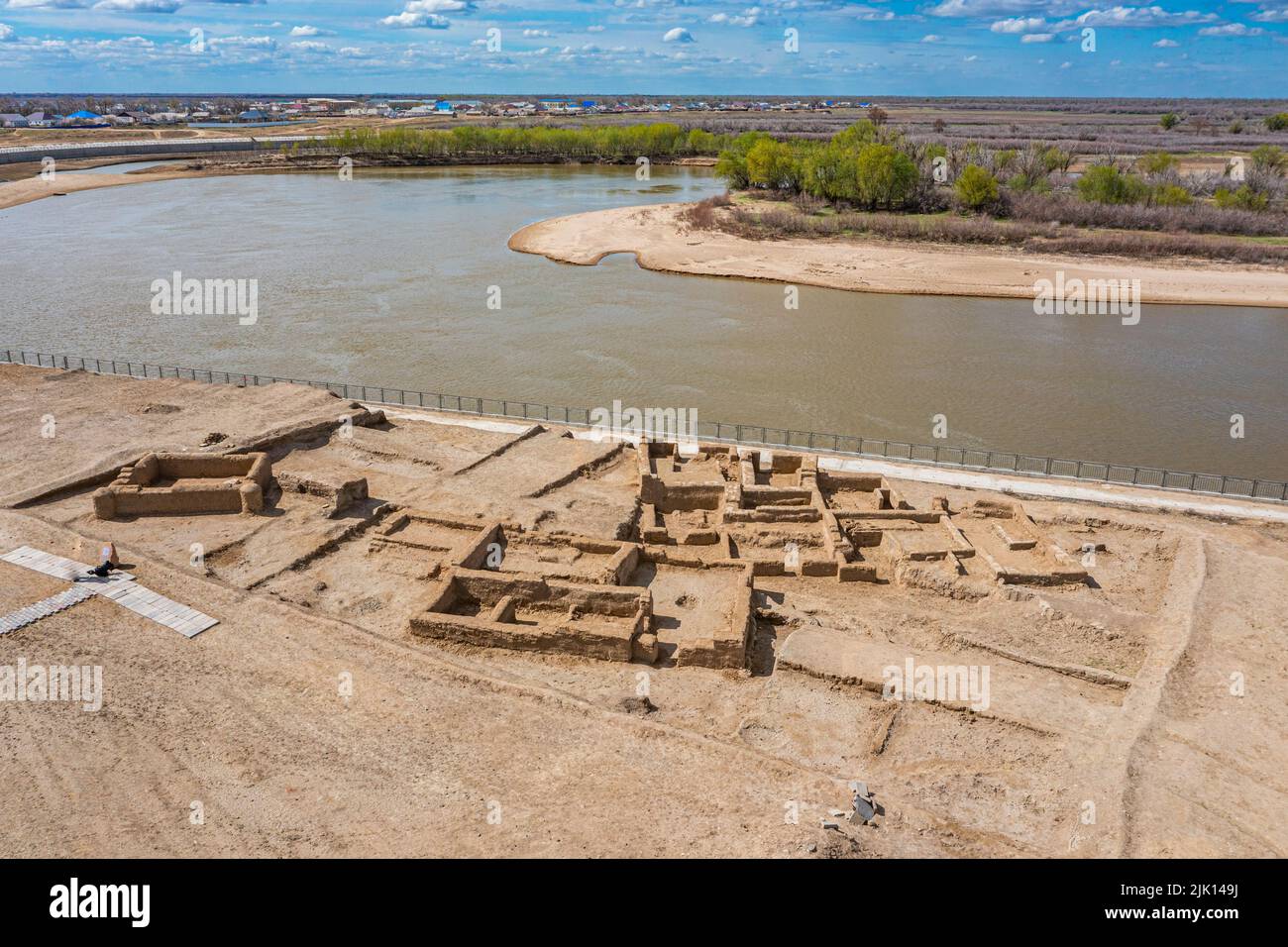Aerial of saray juk ancient settlement on the ural rver hi-res stock ...