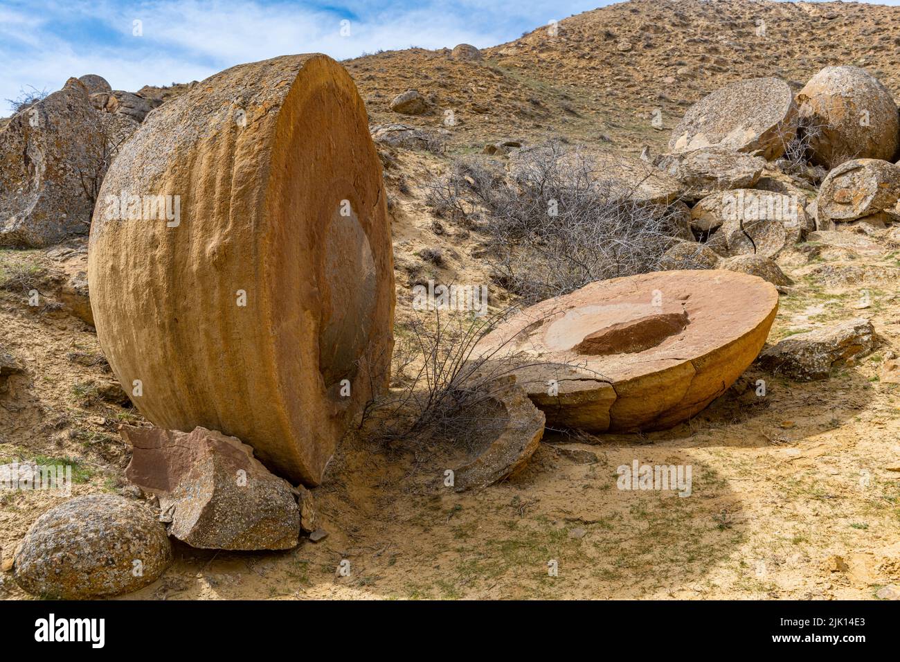 Giant rock carved in half, Torysh (The Valley of Balls), Shetpe ...