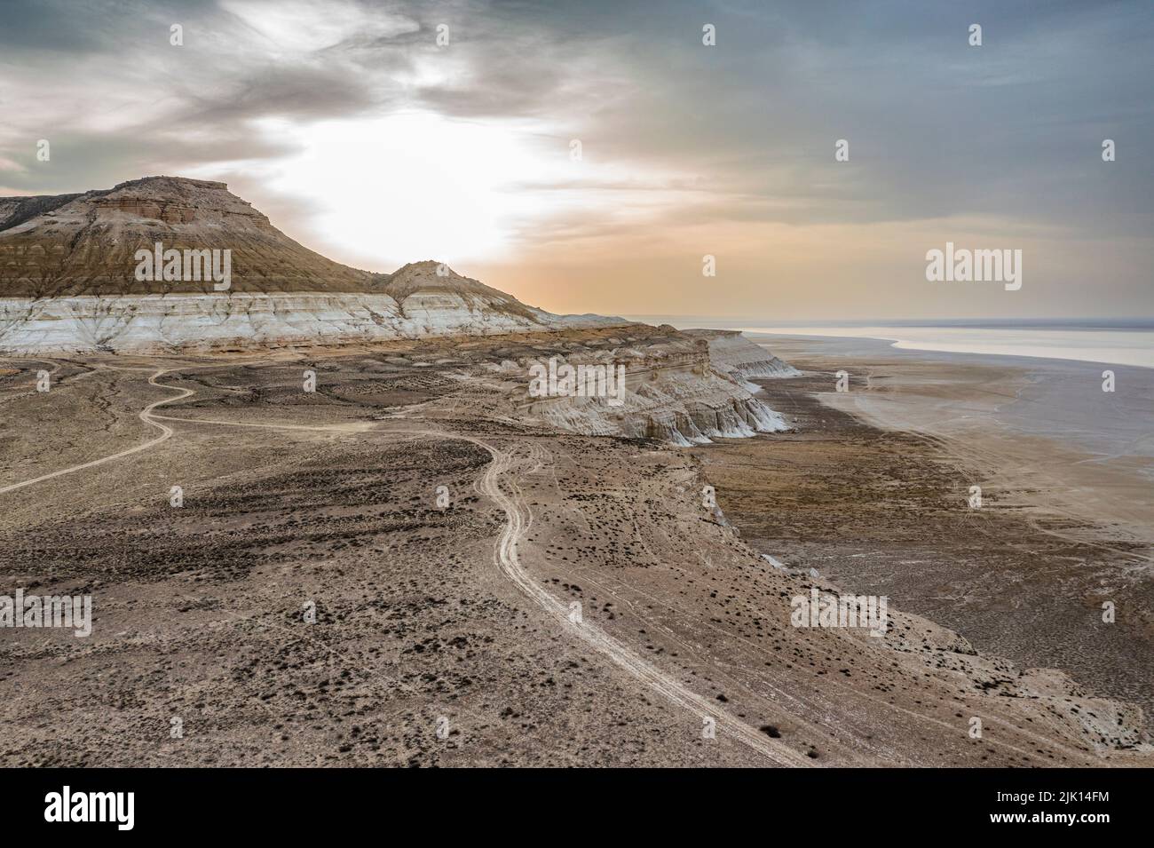 Aerial of Sor Tuzbair, a solonchak (salt marsh), Mangystau, Kazakhstan ...
