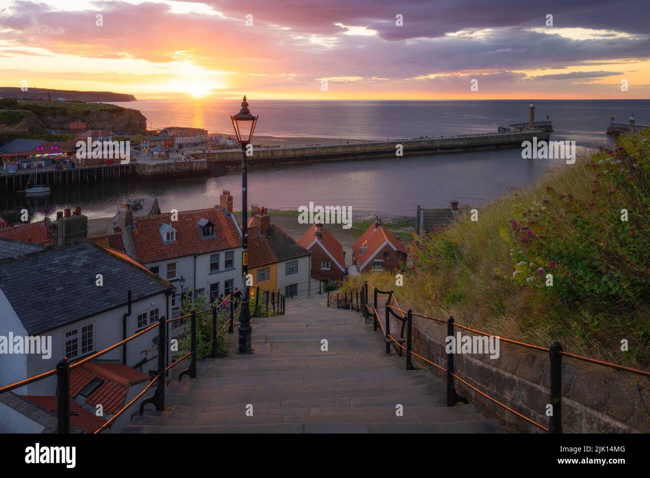 The 199 Steps of Whitby at sunset, Whitby, North Yorkshire, England ...