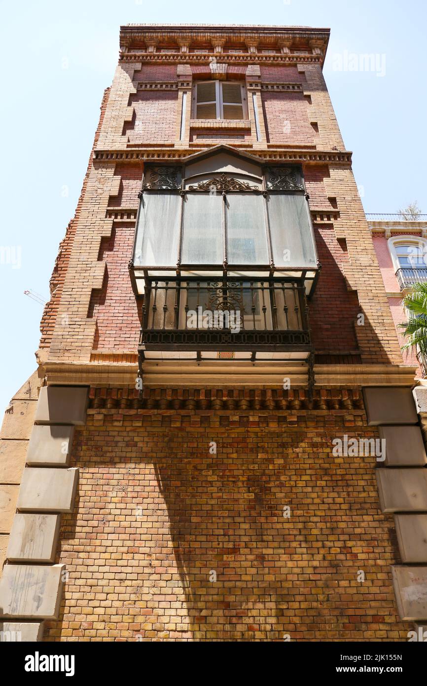 Old wooden balcony modernist style in Cartagena city, Murcia, Spain ...