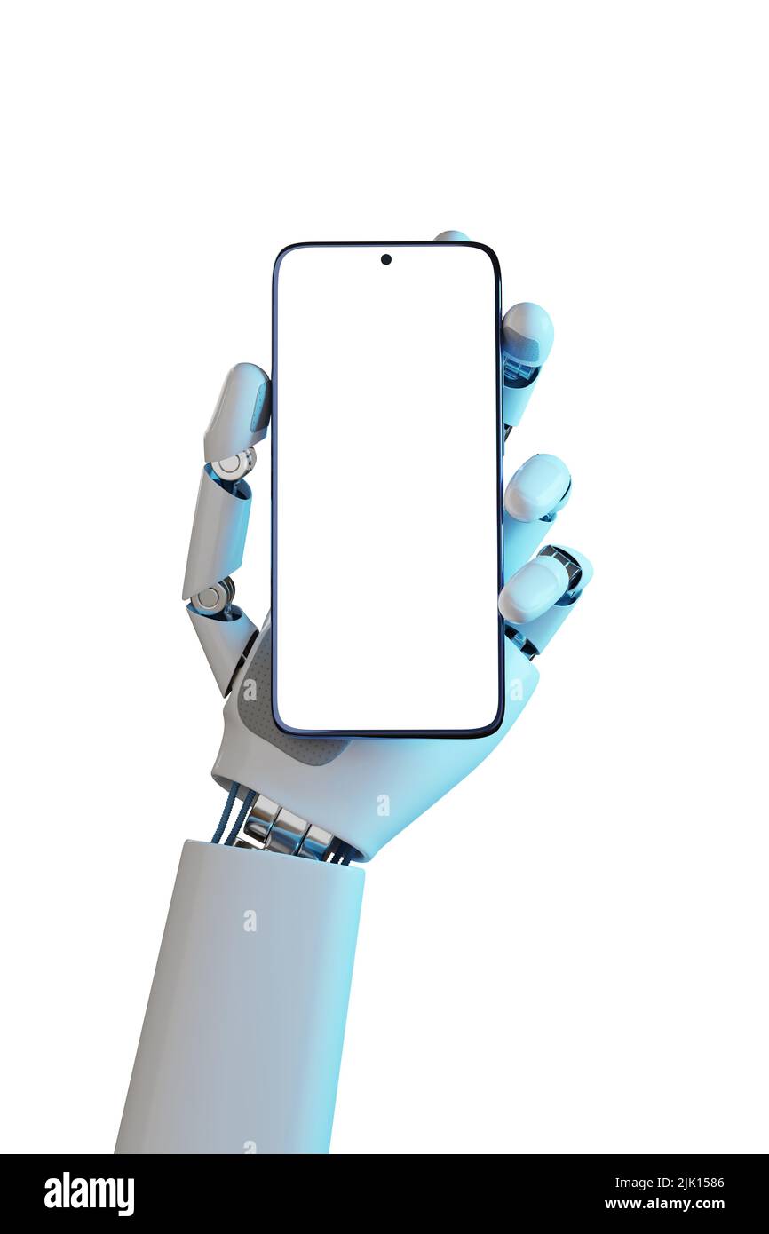 Robotic hand holding a mobile phone with a blank screen isolated on ...