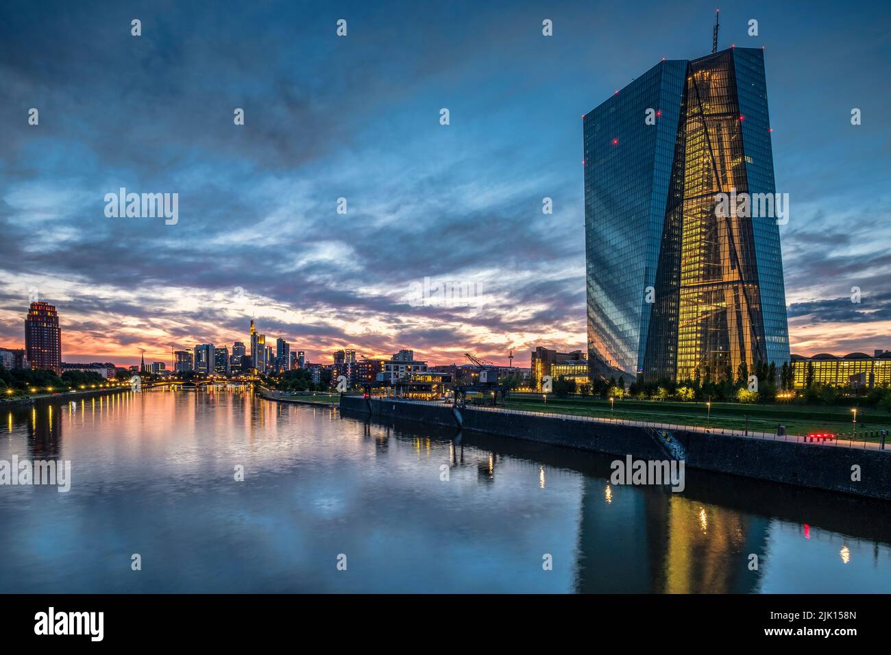 European Central Bank Building, River Main and Frankfurt skyline at ...