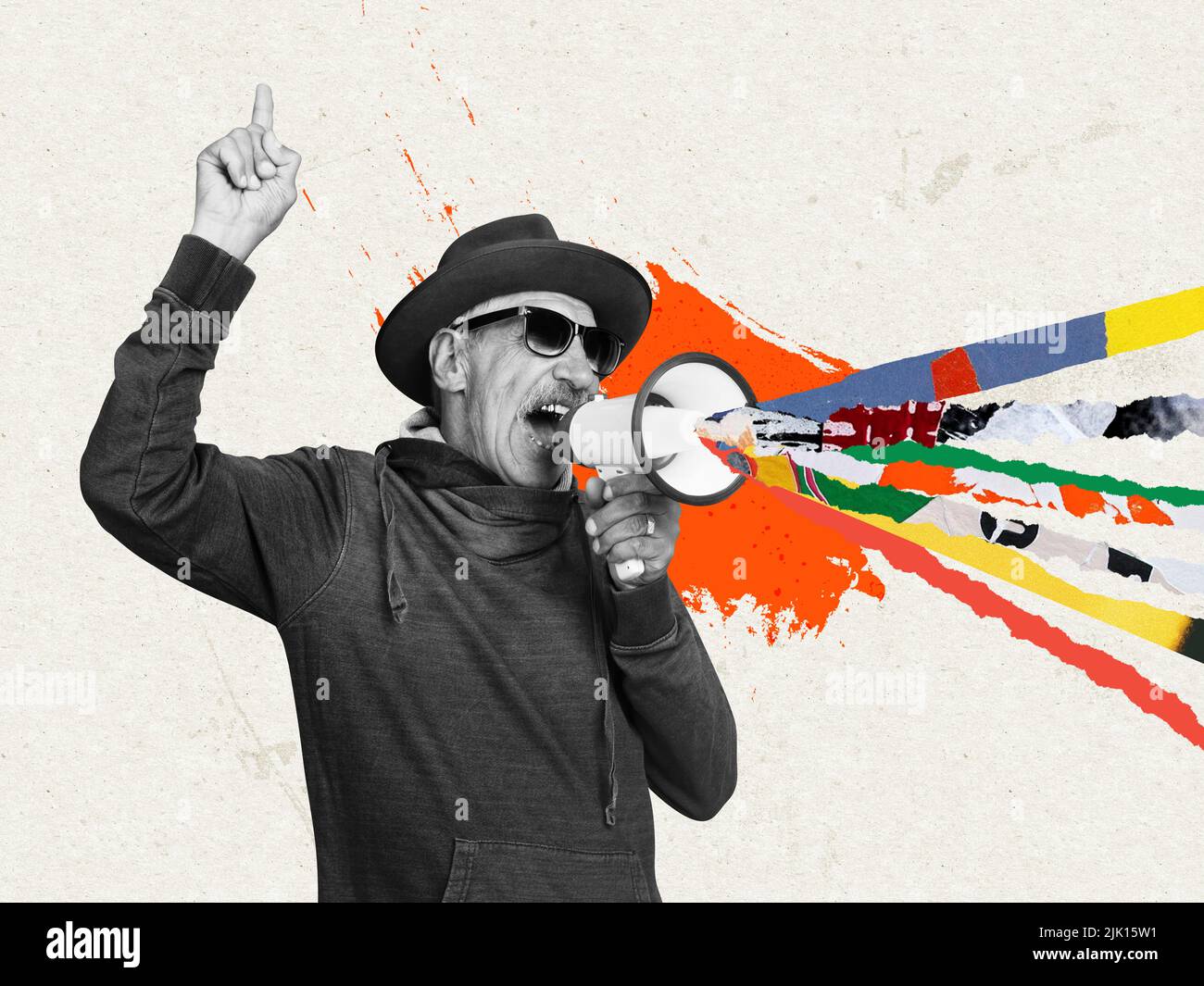 Excited senior man shouting at megaphone over abstract background ...