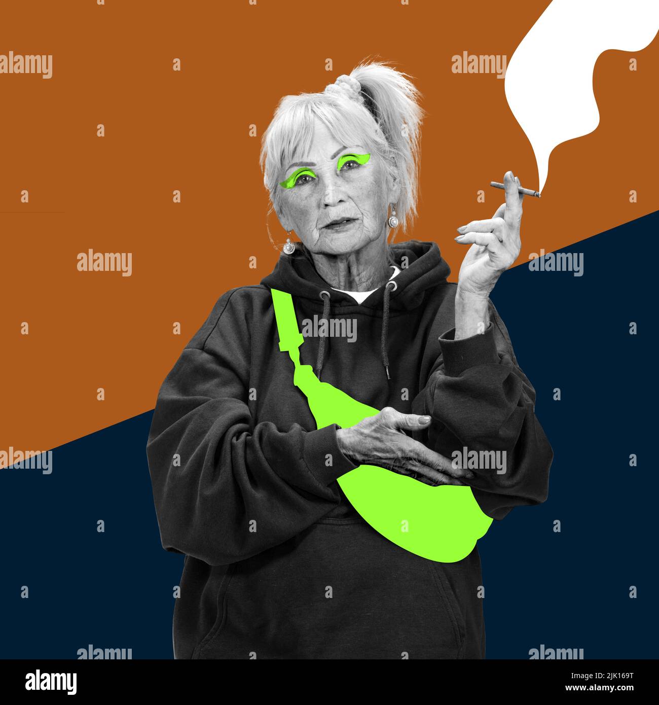 Extravagant senior woman over colorful background. Collage in magazine ...