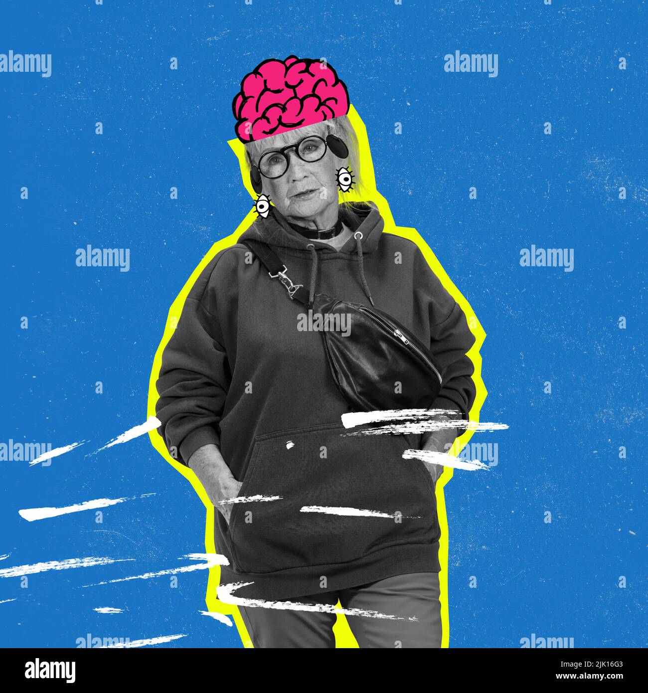 Extravagant senior woman over colorful background. Collage in magazine ...