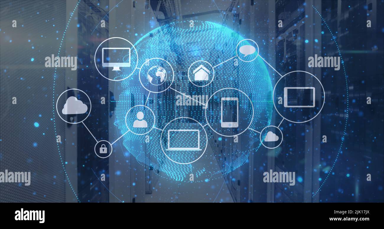 Image of data processing and globe with icons over server room Stock ...